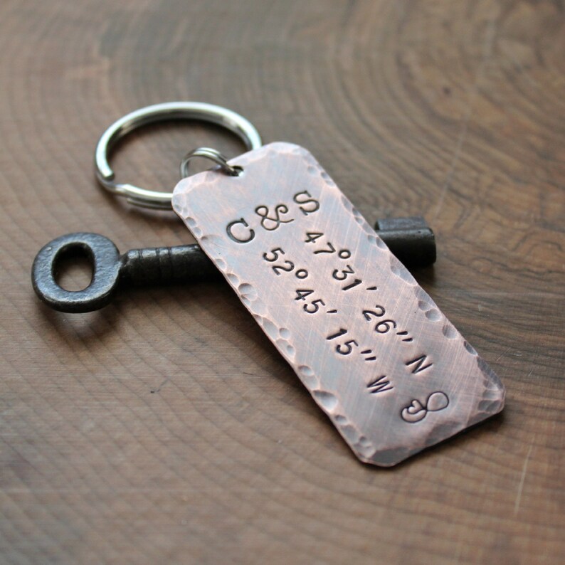 Personalized Copper Keychain Rustic Coordinates Keychain - Etsy