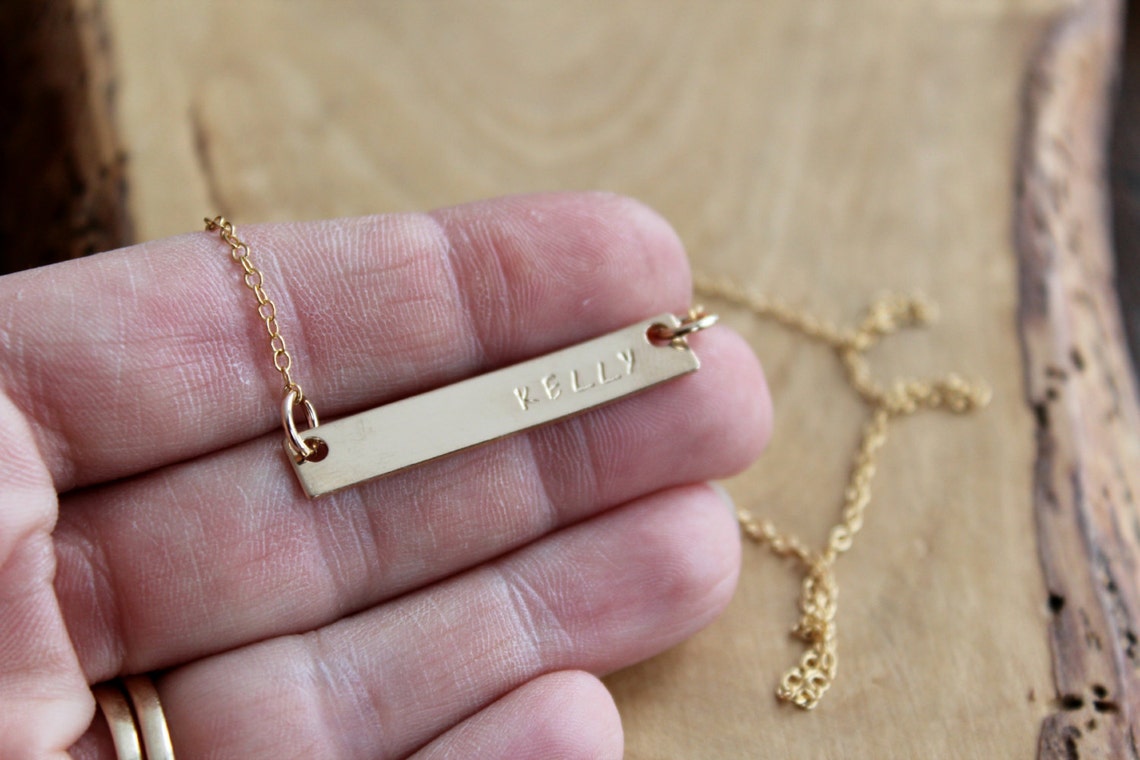 Personalized Gold Bar Necklace Hand Stamped Skinny Bar Gold - Etsy