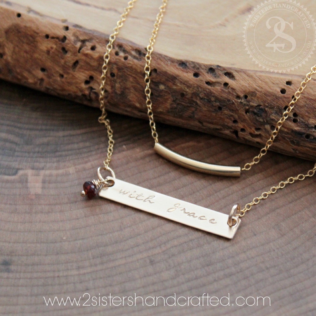 Personalized Gold Bar Layering Necklace Set With Gemstone Birthstone ...