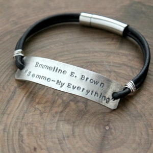 Custom Thick Men's Silver and Leather Bar Bracelet, Chunky and ...