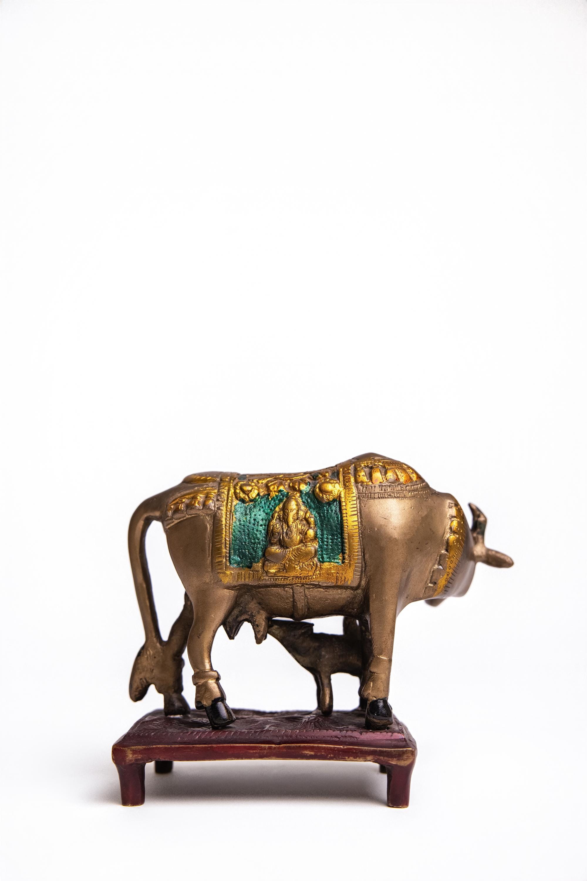 Brass Kamadhenu Cow , Calf Idol | Handcrafted Sacred Cow Statue for ...