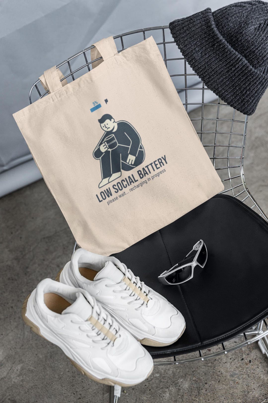 Low Social Battery Tote Bag | Introvert Illustration, Canvas Shopper - Etsy