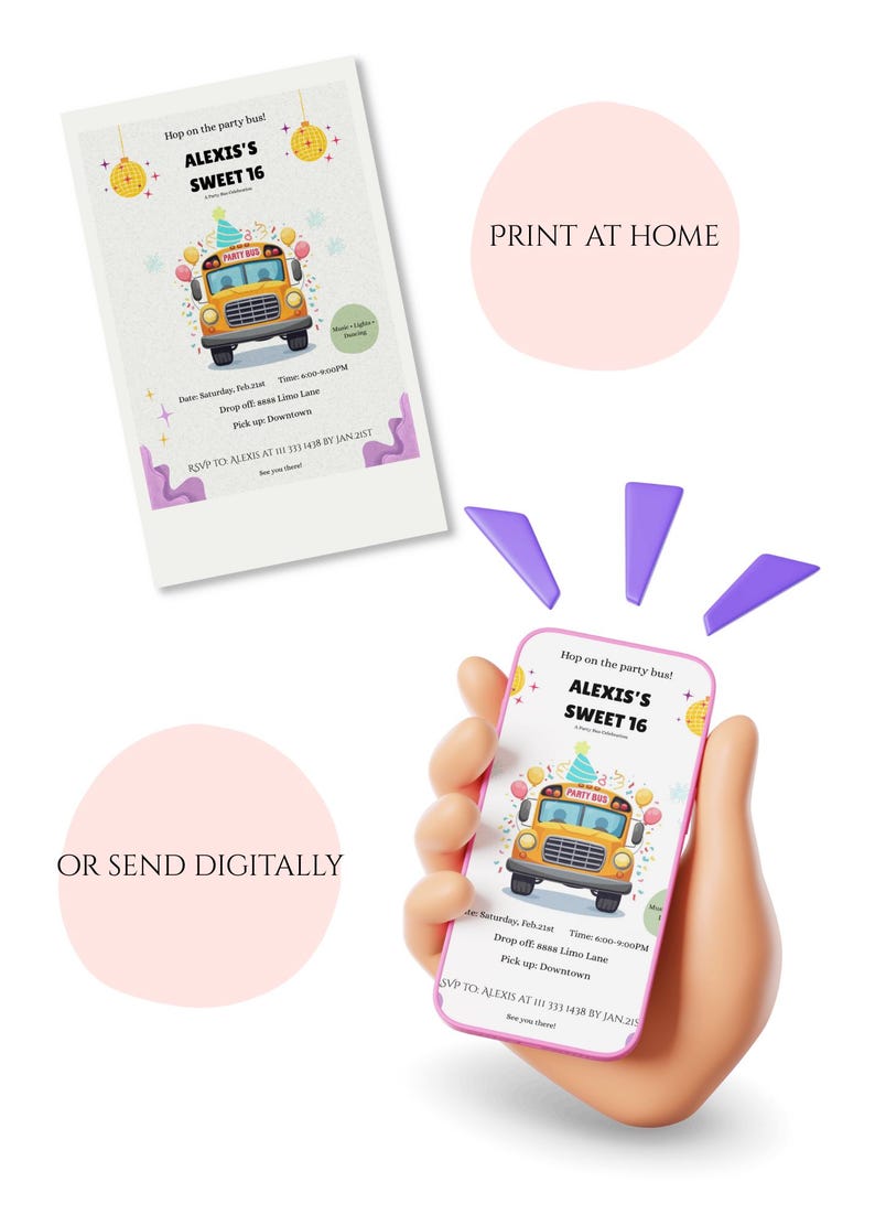 Editable Sweet 16 Party Bus Invitation | Sweet Sixteen Card | Birthday ...