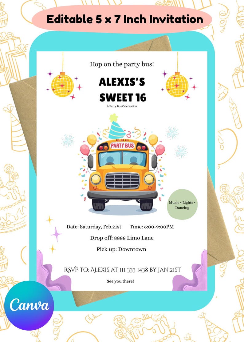 Editable Sweet 16 Party Bus Invitation | Sweet Sixteen Card | Birthday ...