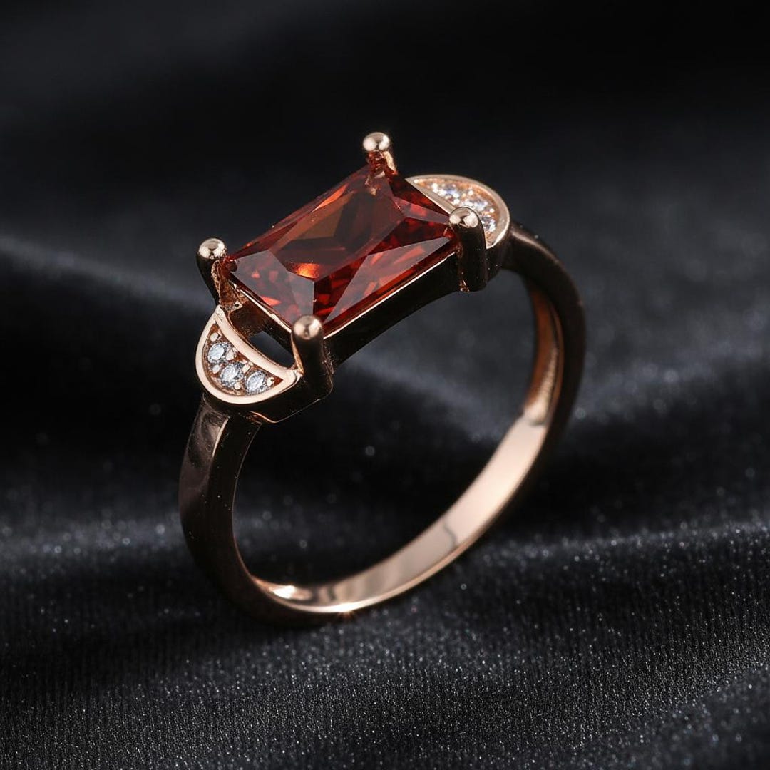 Rose Gold Tone Garnet Rectangle Open Ring Diamond Accent Design Light ...