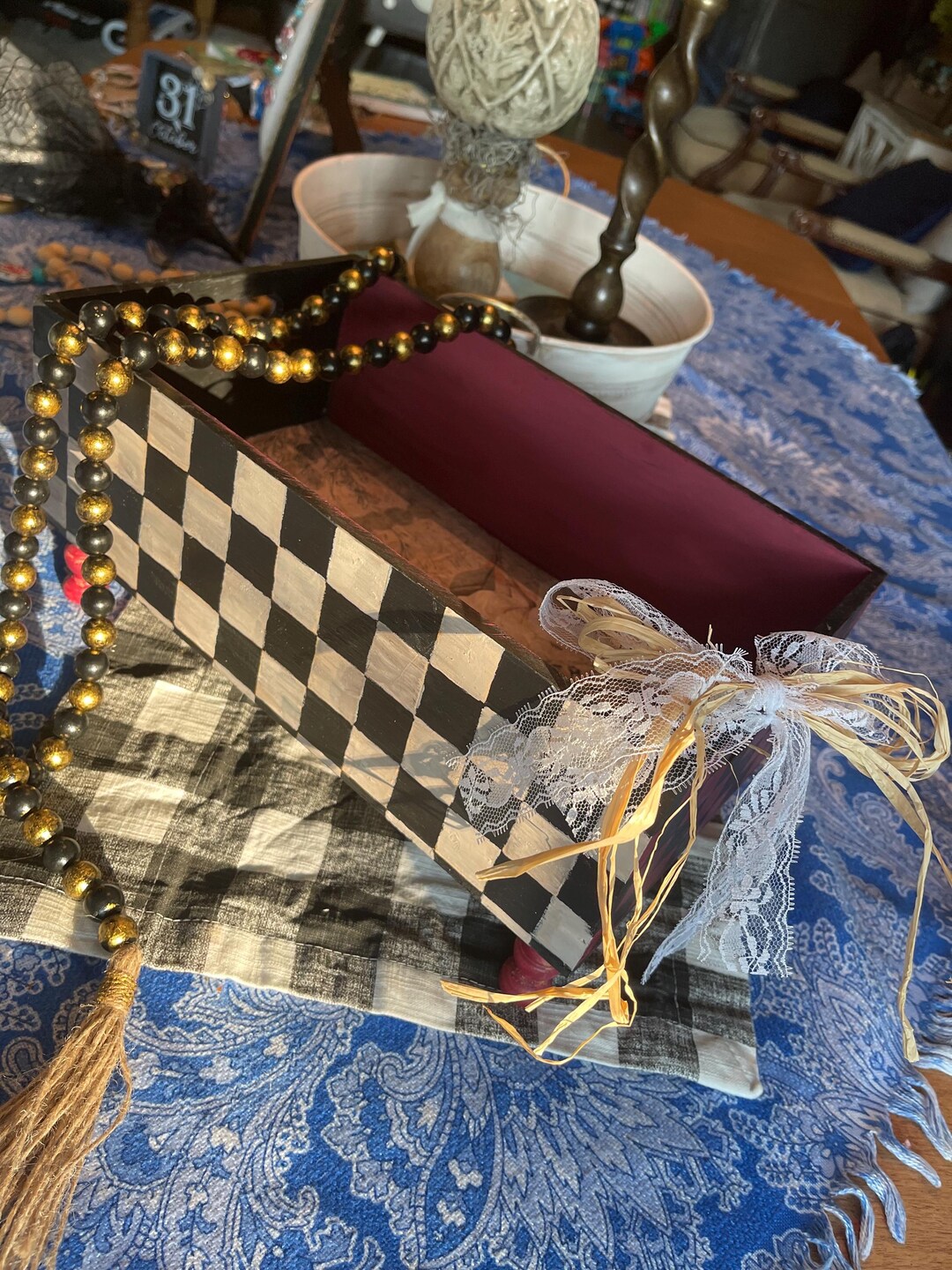 Hand Painted Farmhouse Crate: Black & White Checks, Red Floral ...