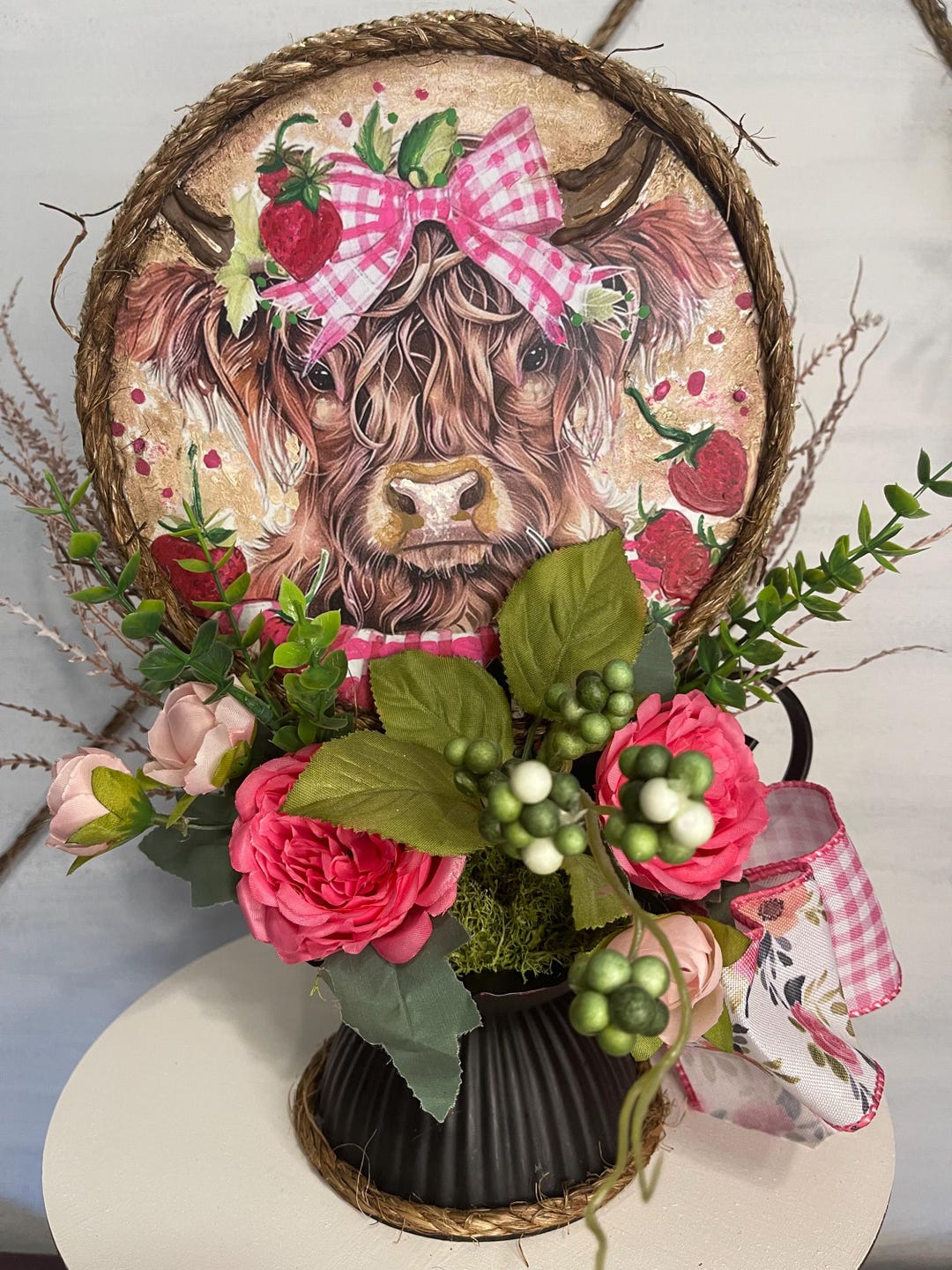Miss Betty the Higland Cow Vintage Style Tabletop Pink Greeb Floral ...