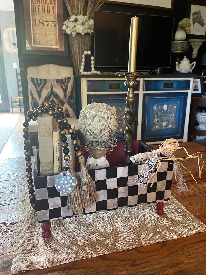 Hand Painted Farmhouse Crate: Black & White Checks, Red Floral ...
