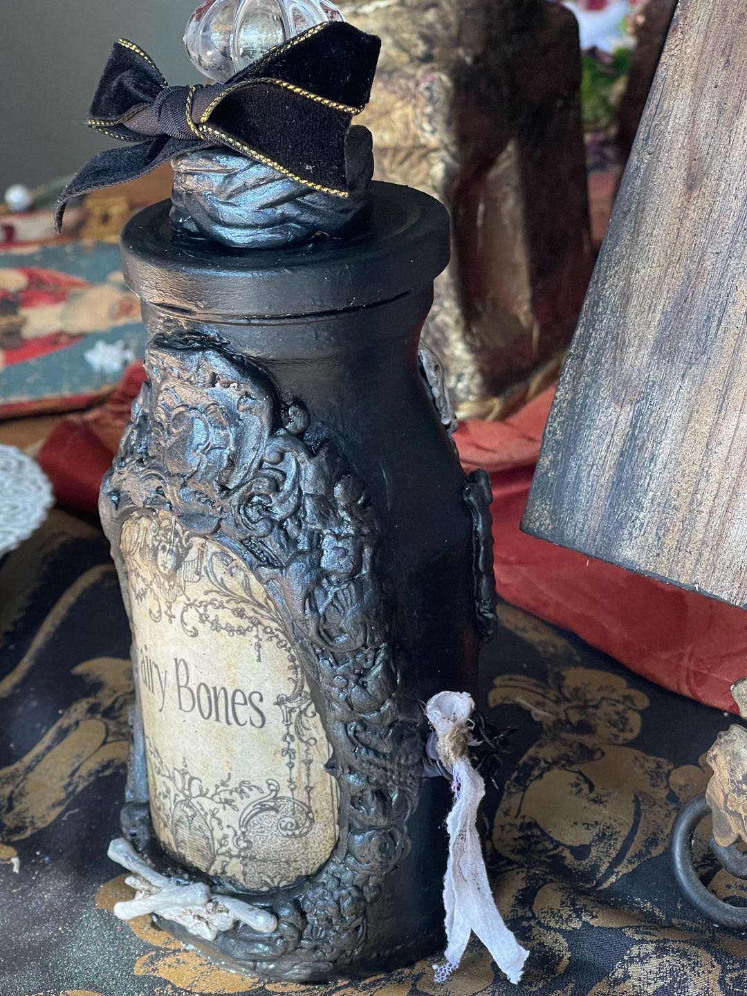 Upcycled Fairy Bones Jar: Gothic Halloween Decor, Skull, Lace & Chain ...
