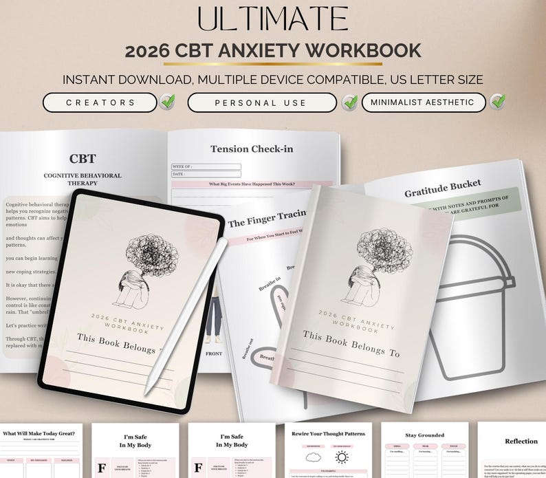 CBT Anxiety Workbook Mental Health Journal Printable Therapy Planner ...