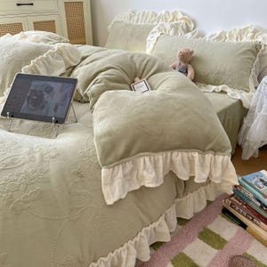 Sage Green Embossed Ruffle Bedding Set Vintage Floral Comforter Set - Etsy