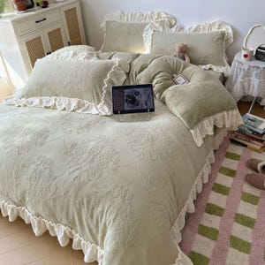 Sage Green Embossed Ruffle Bedding Set Vintage Floral Comforter Set - Etsy