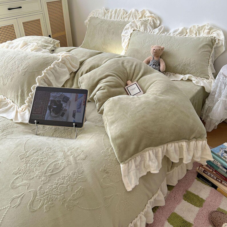 Sage Green Embossed Ruffle Bedding Set Vintage Floral Comforter Set - Etsy