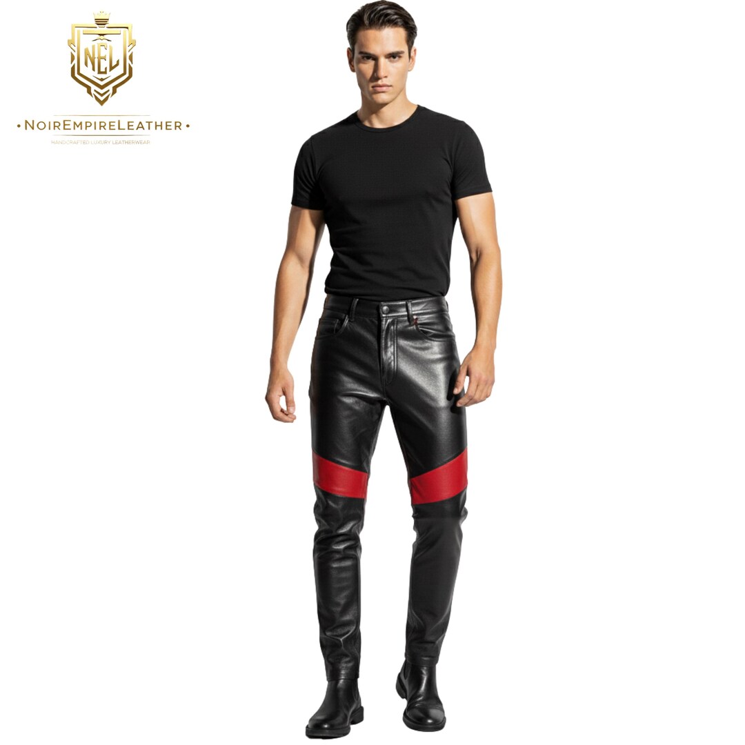Men's Black and Red Lambskin Color Block Pants, Contrast Panel Leather ...