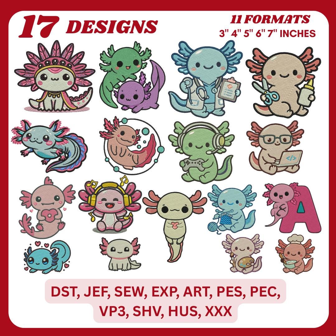 17 Axolotl Embroidery Designs Bundle, Cute Baby Axolotl Kawaii Water ...