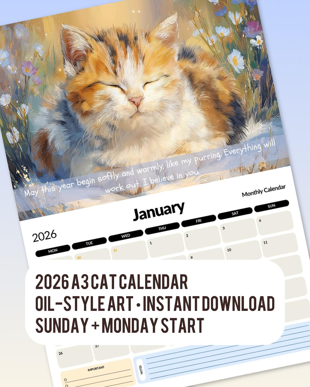 2026 Cat Wall Calendar • A3 Printable • Cute Kitten Art • Monthly ...
