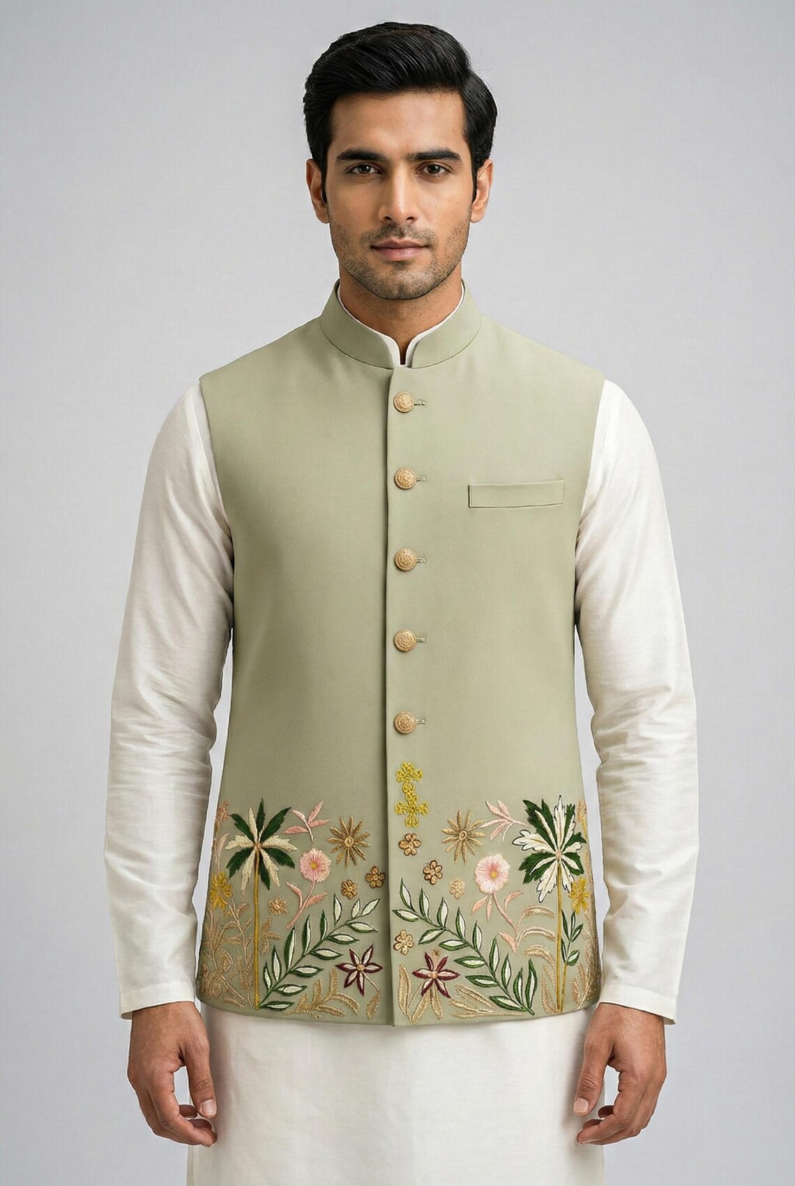 Sage Green Nehru Jacket With Floral Embroidery - Men's Ethnic Waistcoat ...