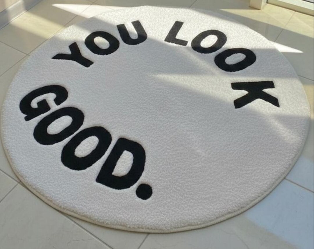 Hand Tufted Wool Round Rug – “you Look Good” Text Rug, Modern Minimal ...