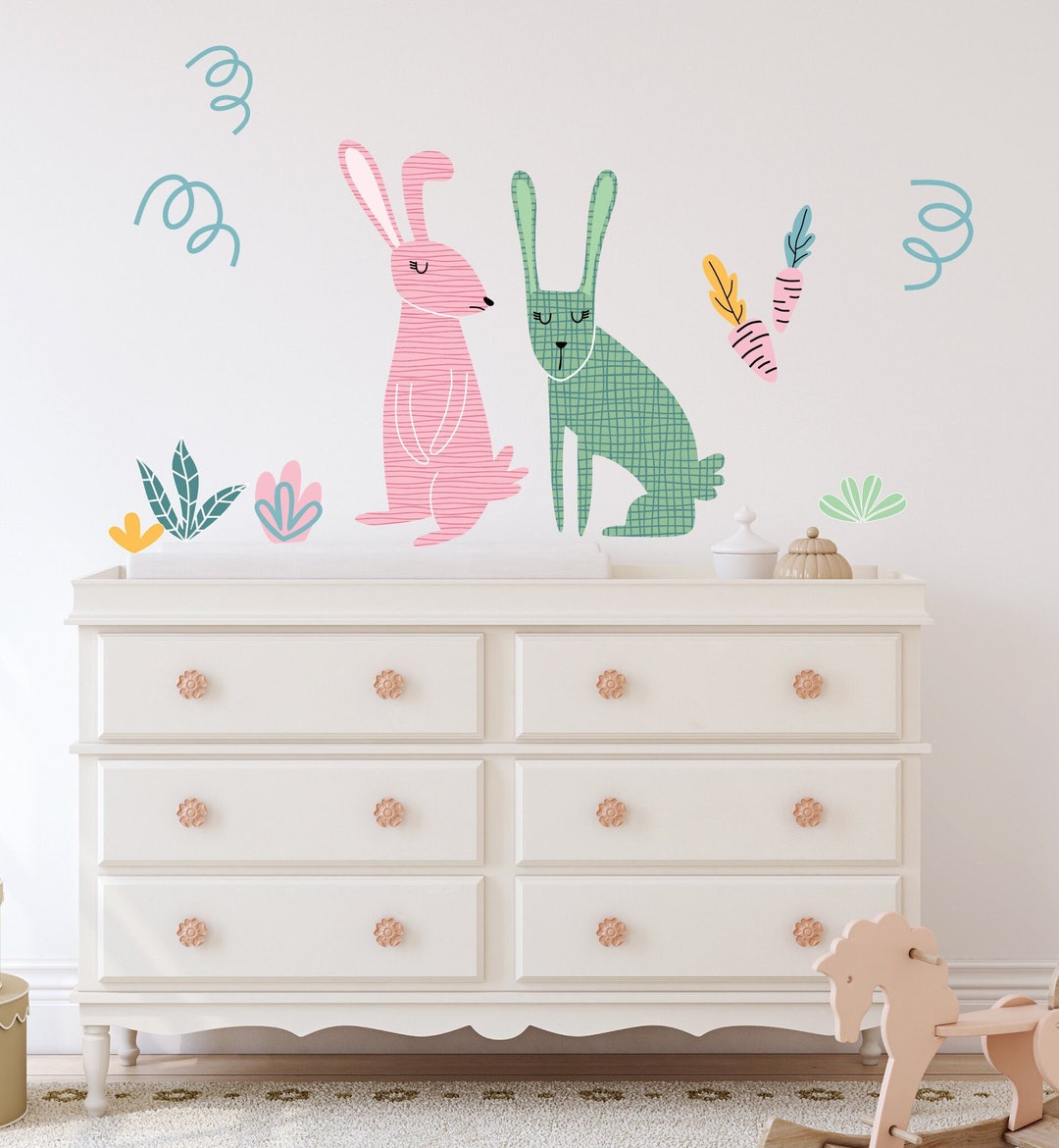 Cute Bunny Wall Decal, Rabbit Wall Stickers, Nursery Wall Decal, Cute ...