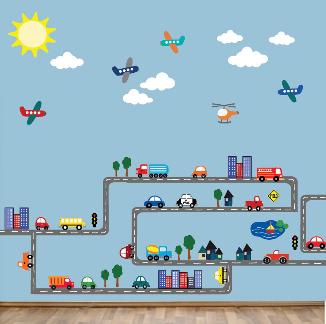JUMBO Deluxe Transportation Scene Cars Airplanes Roadway Decal - Etsy