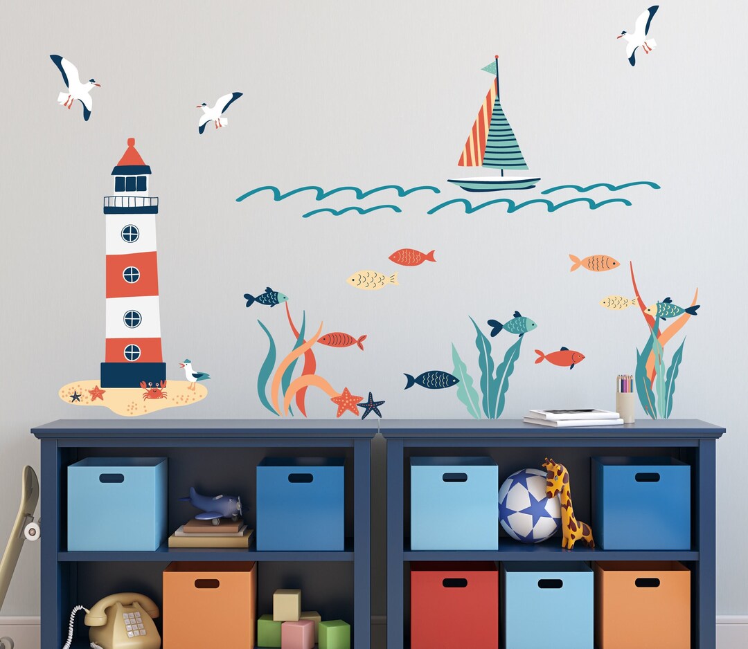 Nautical Decal, Lighthouse, Sailboat, Seagulls, Under the Sea, Wall ...