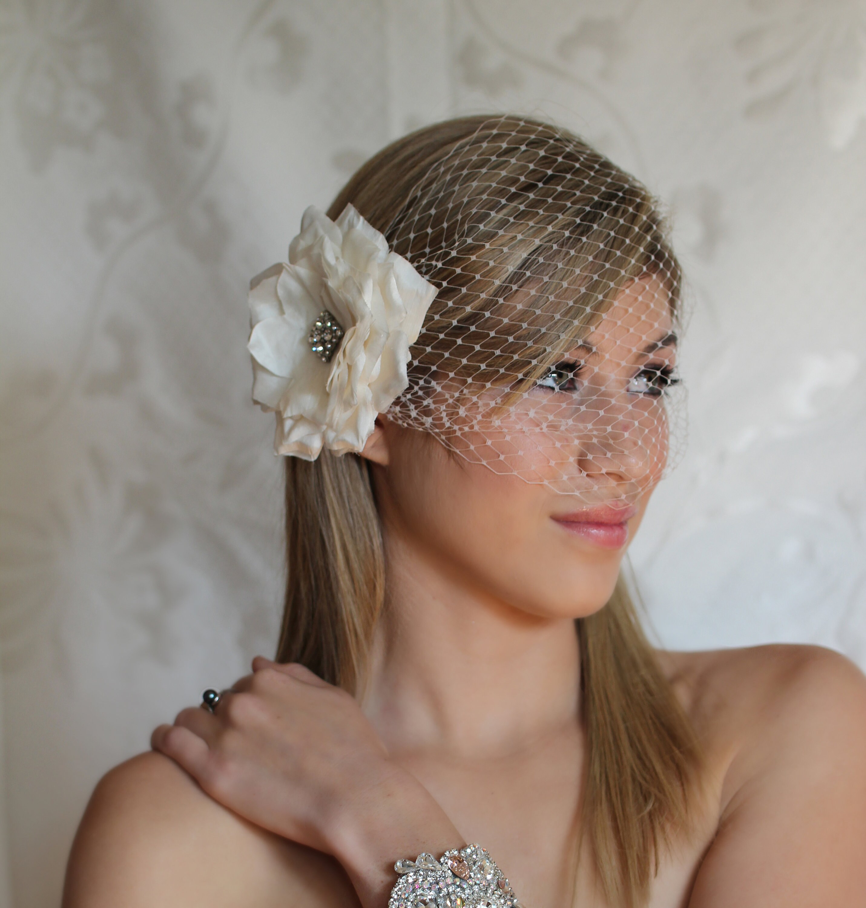 Birdcage Veil and Silk Flower Fascinator, Russian Veil, Bridal Veil ...
