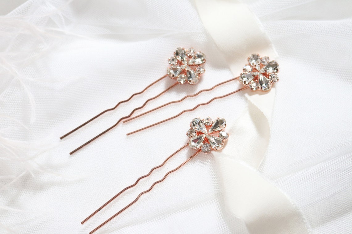 Rose Gold Hair Pins, Crystal Hair Pins, Rose Gold Bridal Pins, Bridal ...