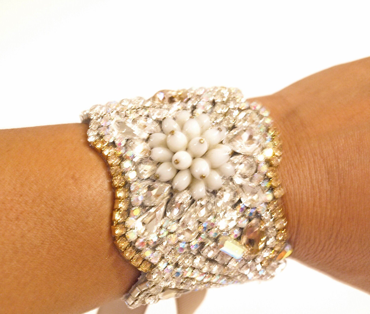 Champagne and Crystal Color Cuff With Interchangeable Ribbon or ...