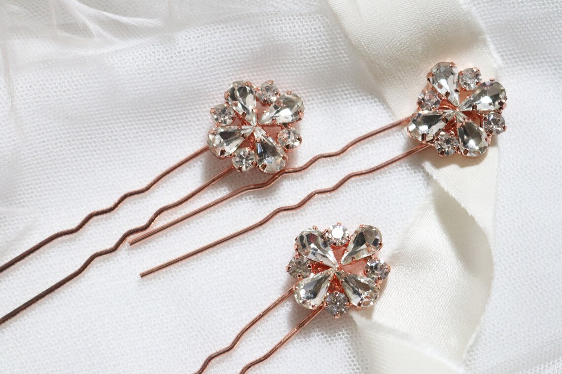 Rose Gold Hair Pins, Crystal Hair Pins, Rose Gold Bridal Pins, Bridal ...