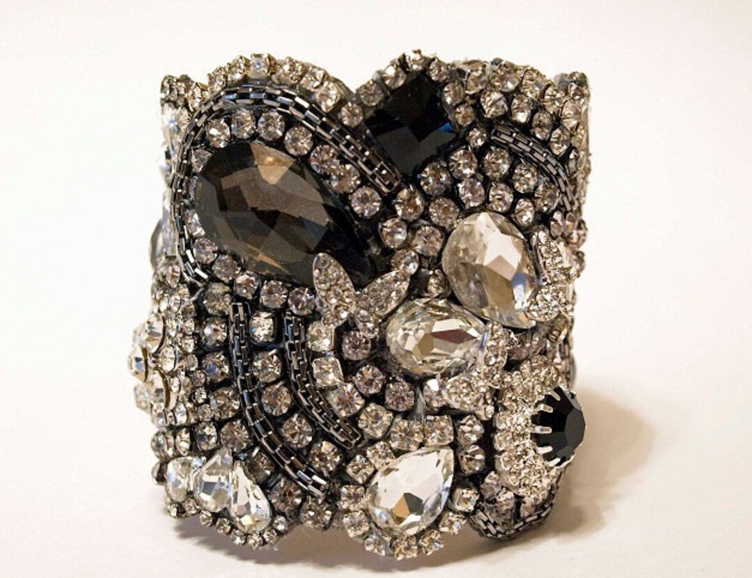 Black Crystal Cuff With Adjustable Clasp, Old Hollywood Bracelet ...
