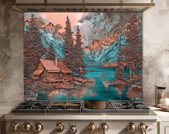 Copper Embossed Mountain Lake Backsplash - Rustic Lodge Tempered Glass ...