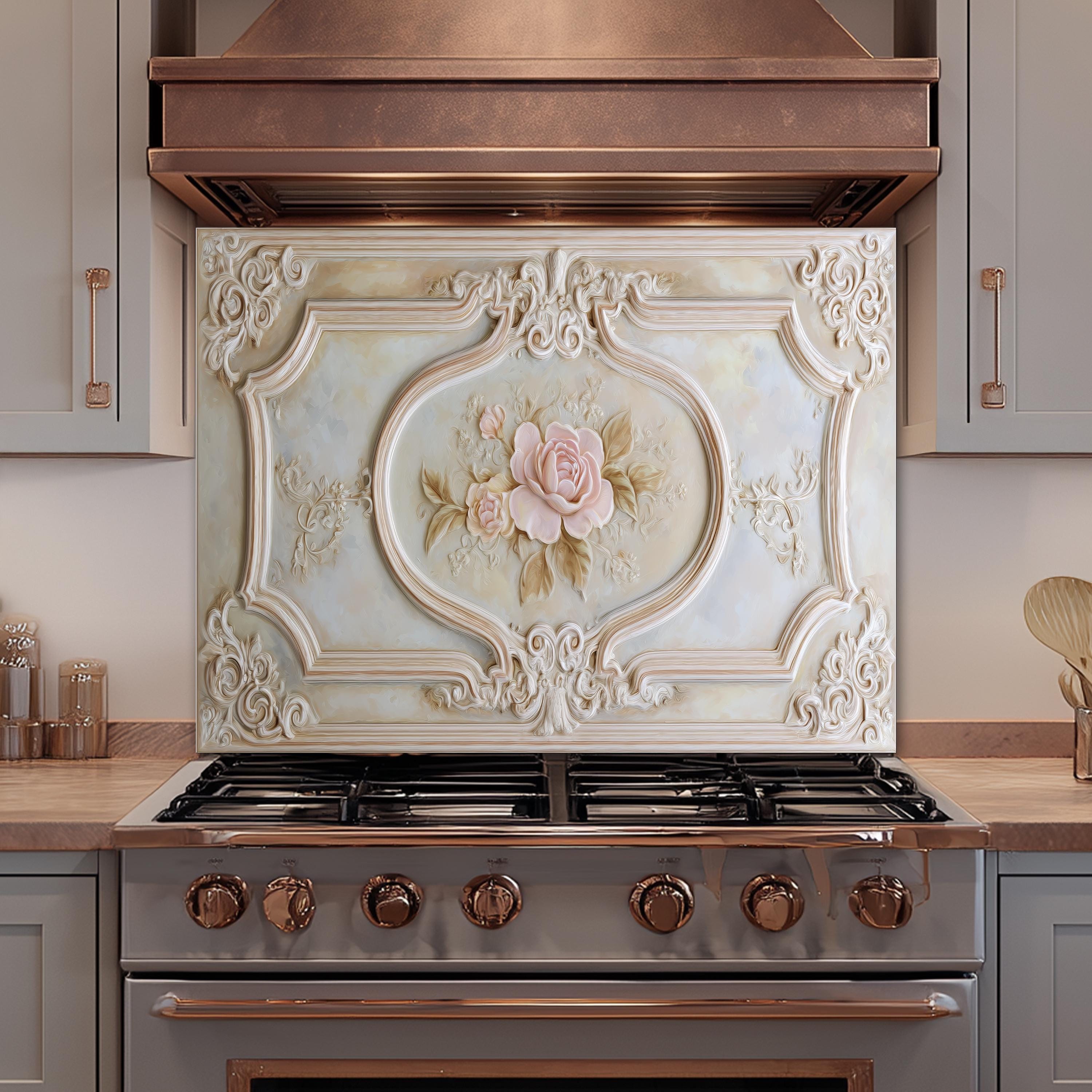 Luxury Baroque Rose Backsplash – Classic Beige Floral Tempered Glass ...