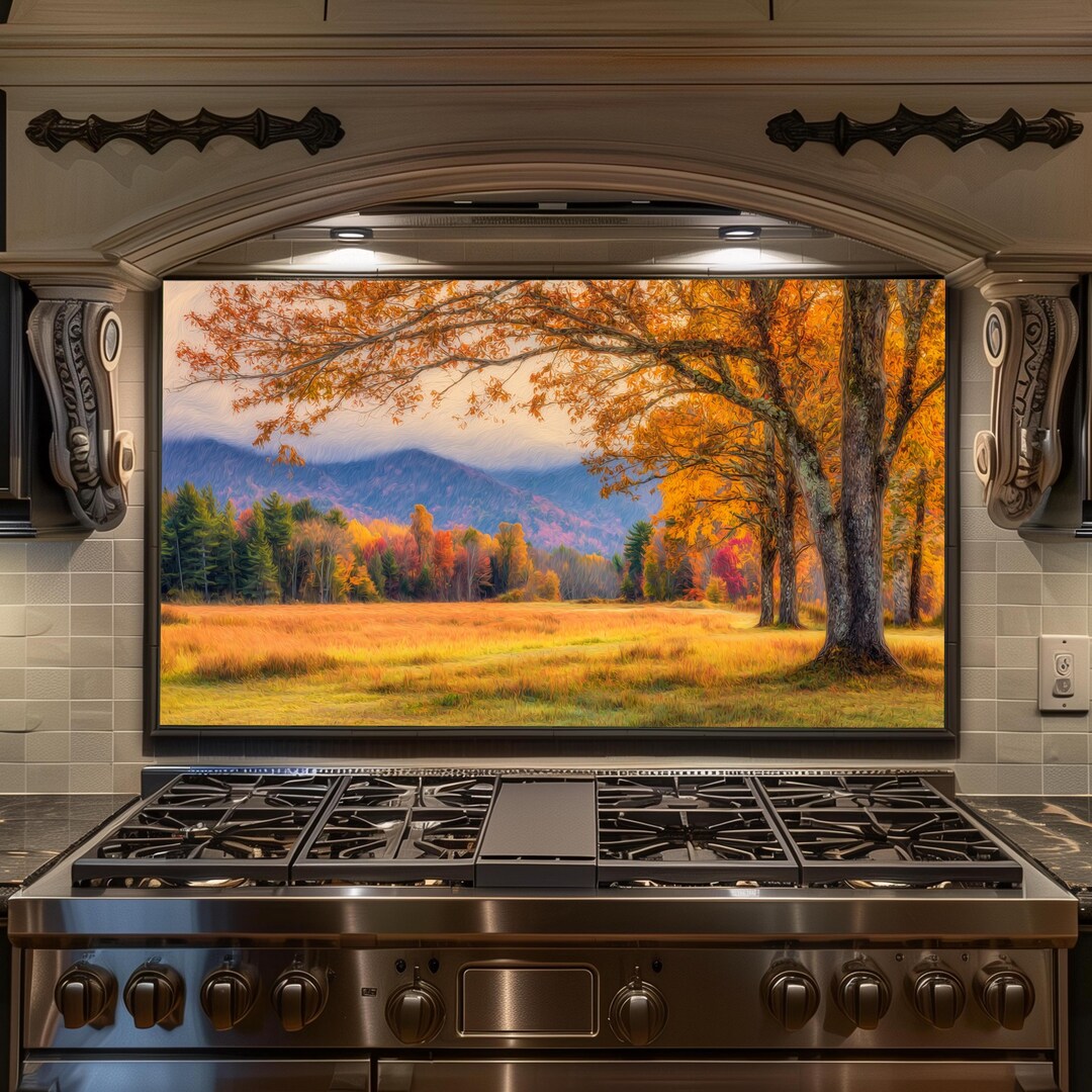 Warm Autumn Landscape Backsplash – Fall Forest Trees Oil Painting ...