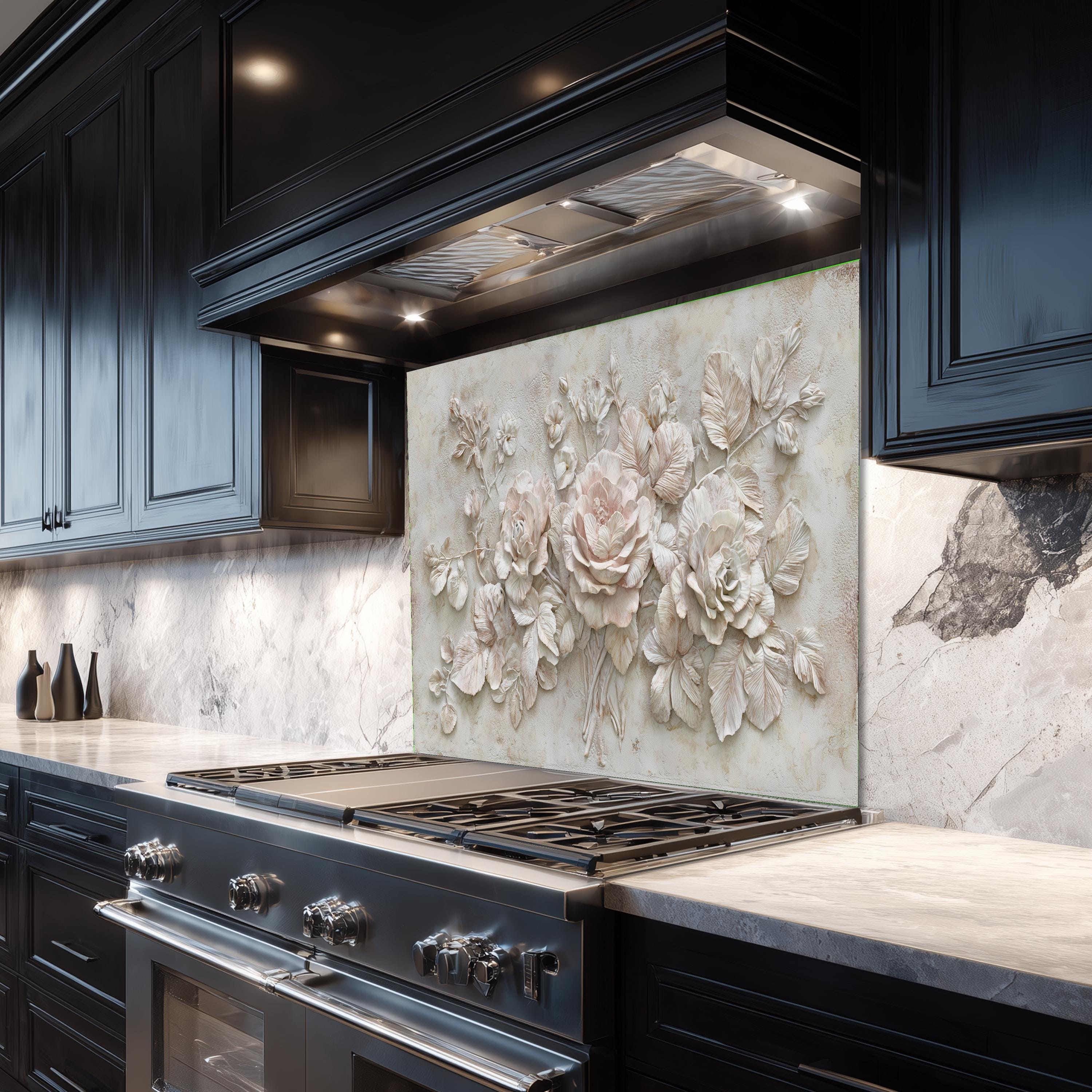 3D Floral Rose Backsplash – Beige Peony Relief Tempered Glass ...