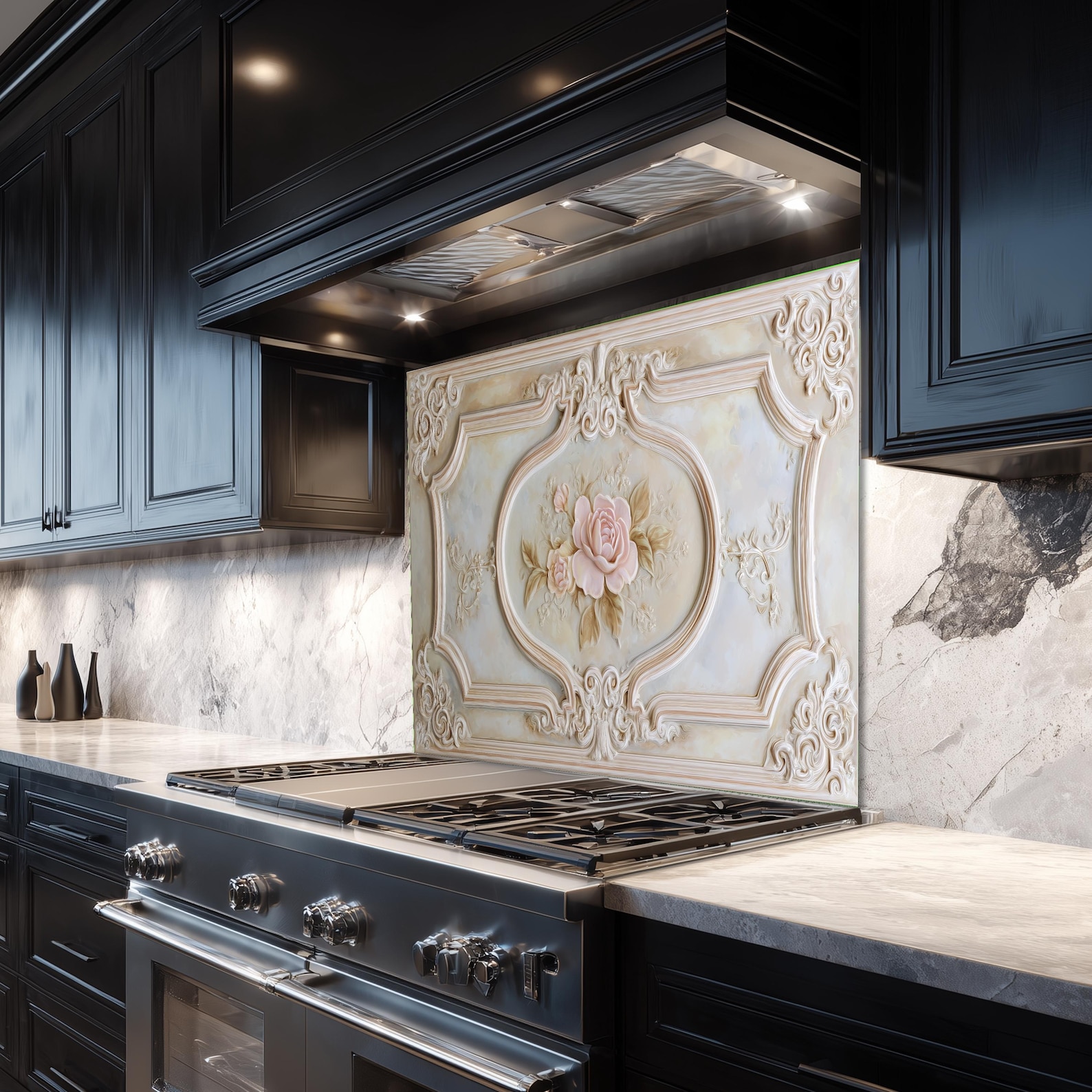 Luxury Baroque Rose Backsplash – Classic Beige Floral Tempered Glass ...