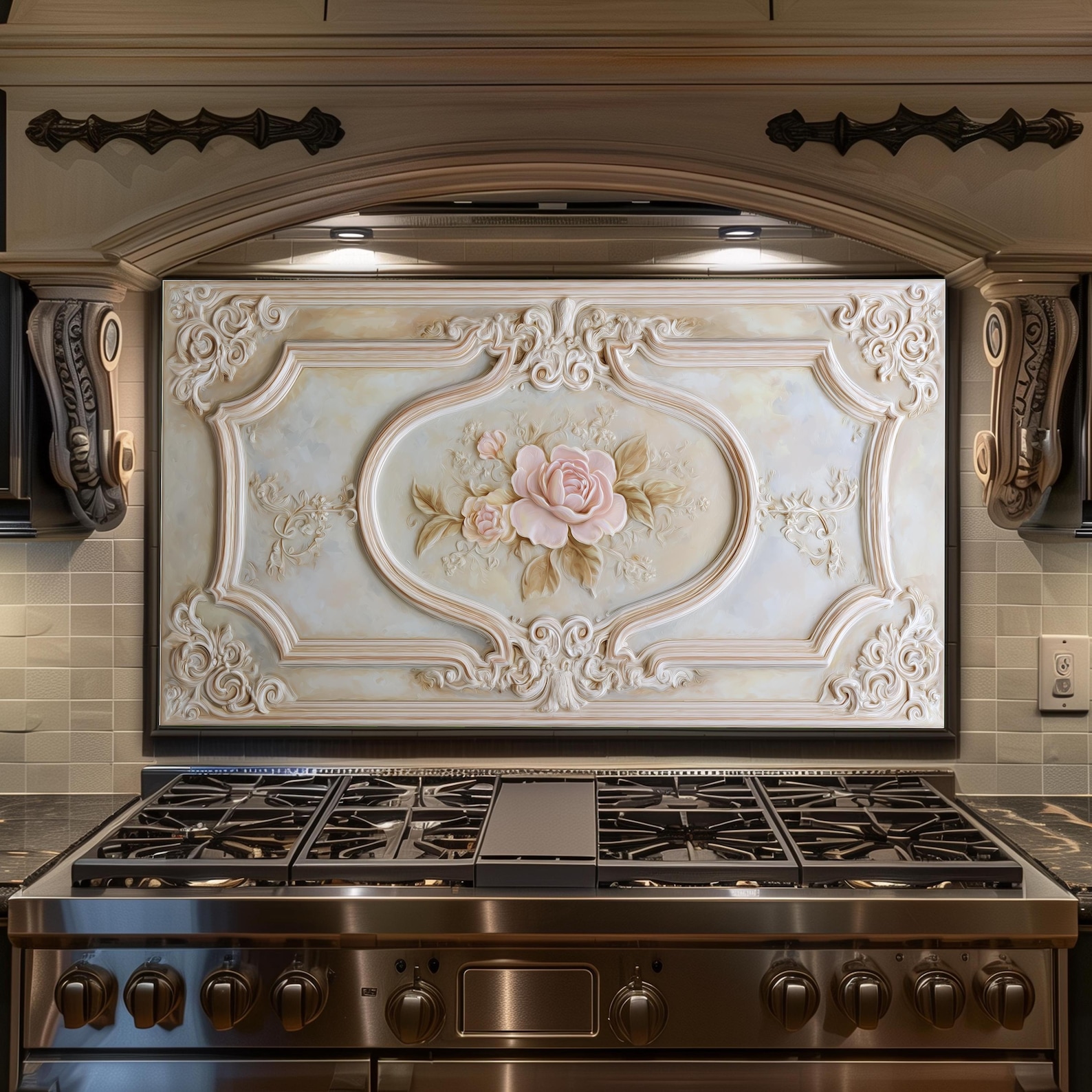 Luxury Baroque Rose Backsplash – Classic Beige Floral Tempered Glass ...