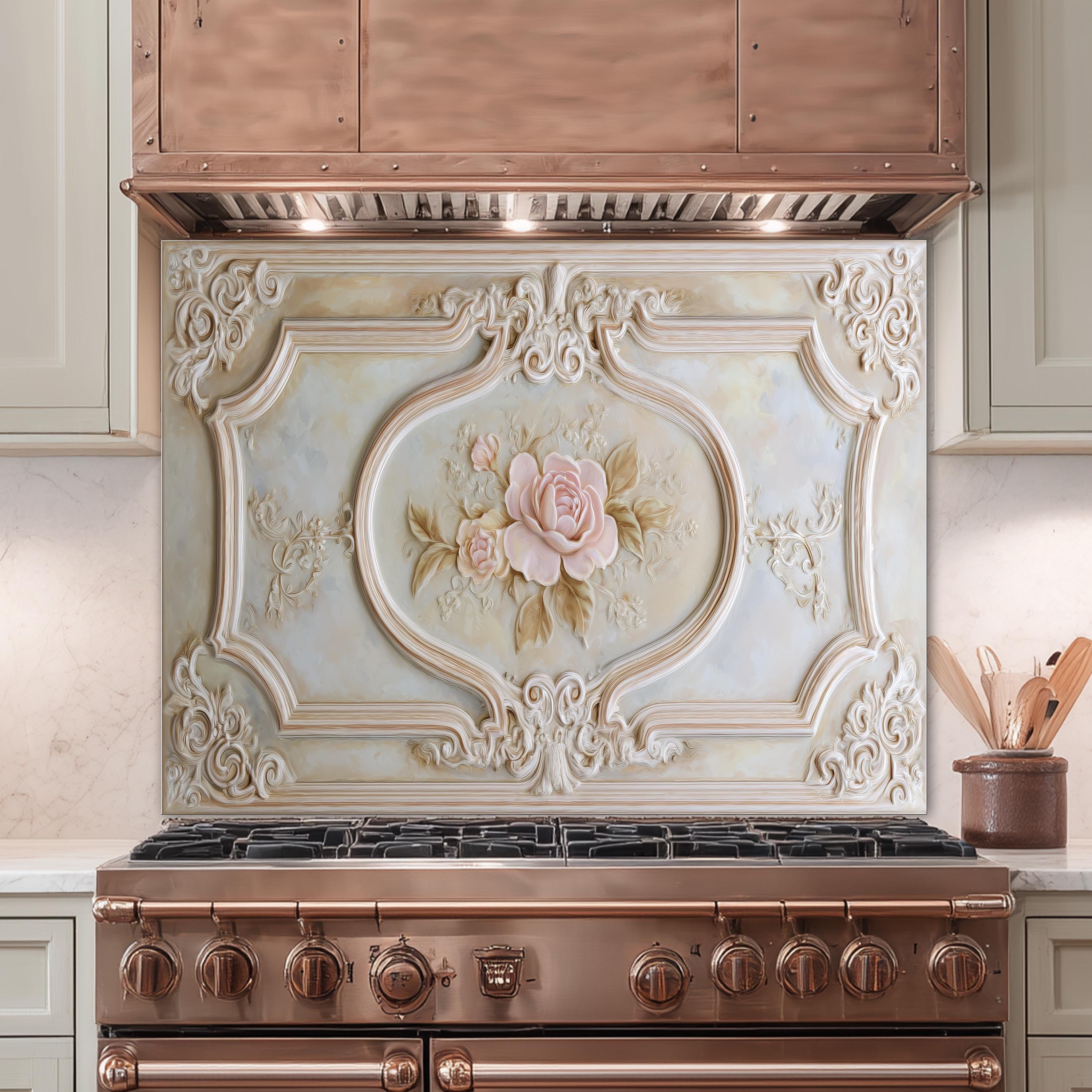 Luxury Baroque Rose Backsplash – Classic Beige Floral Tempered Glass ...