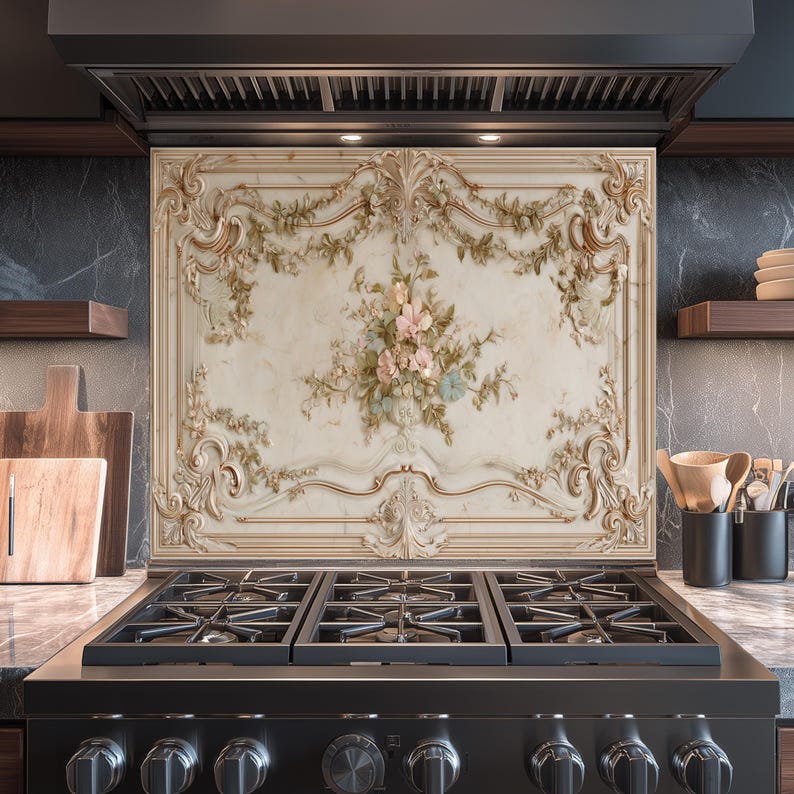 Luxury Marble Floral Backsplash – Elegant Baroque Gold Frame Tempered ...