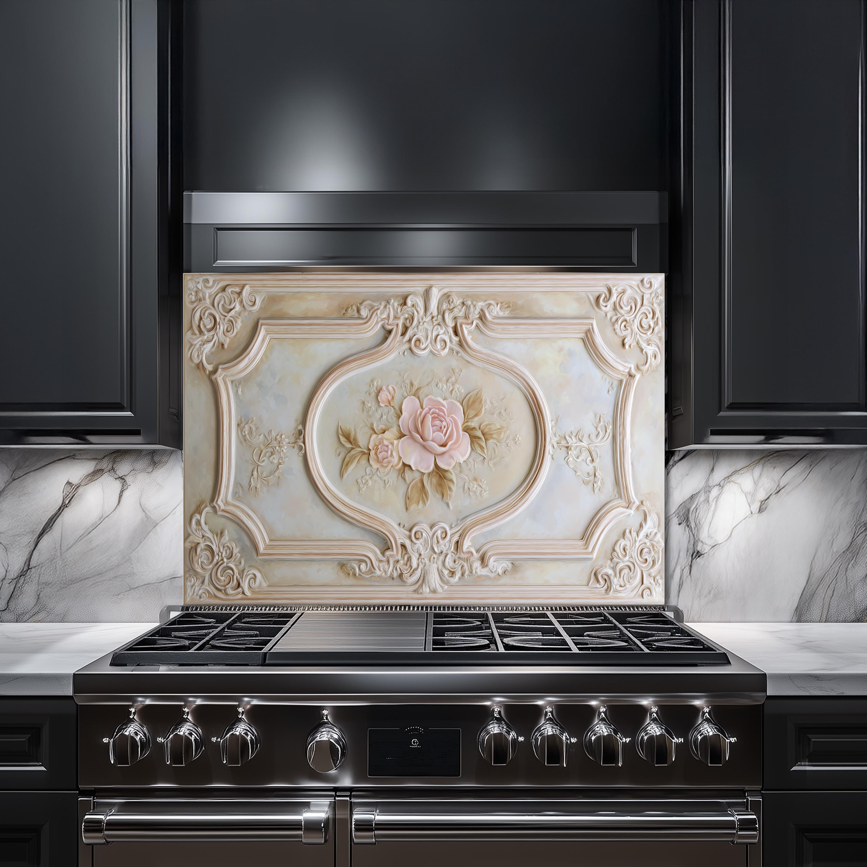 Luxury Baroque Rose Backsplash – Classic Beige Floral Tempered Glass ...