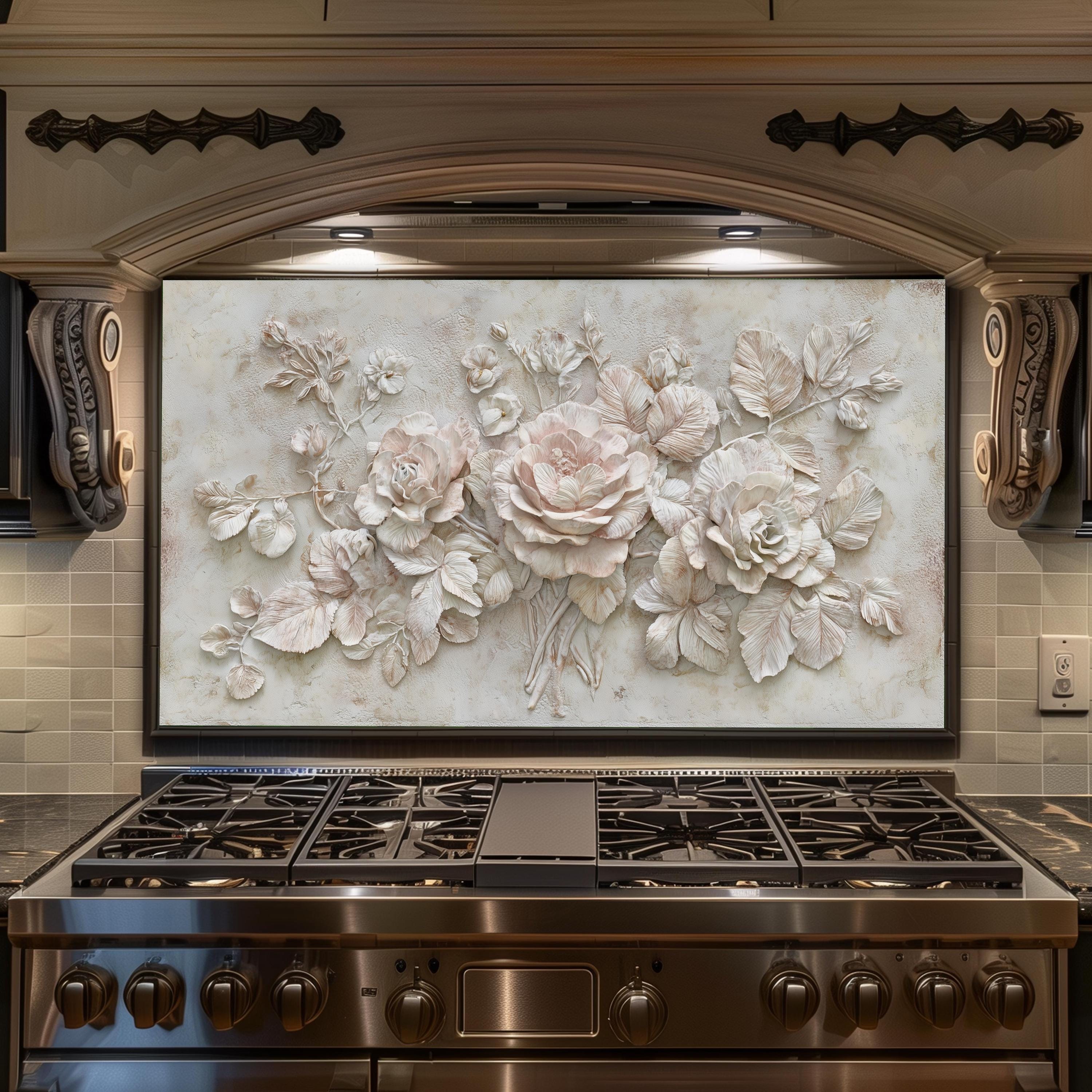 3D Floral Rose Backsplash – Beige Peony Relief Tempered Glass ...