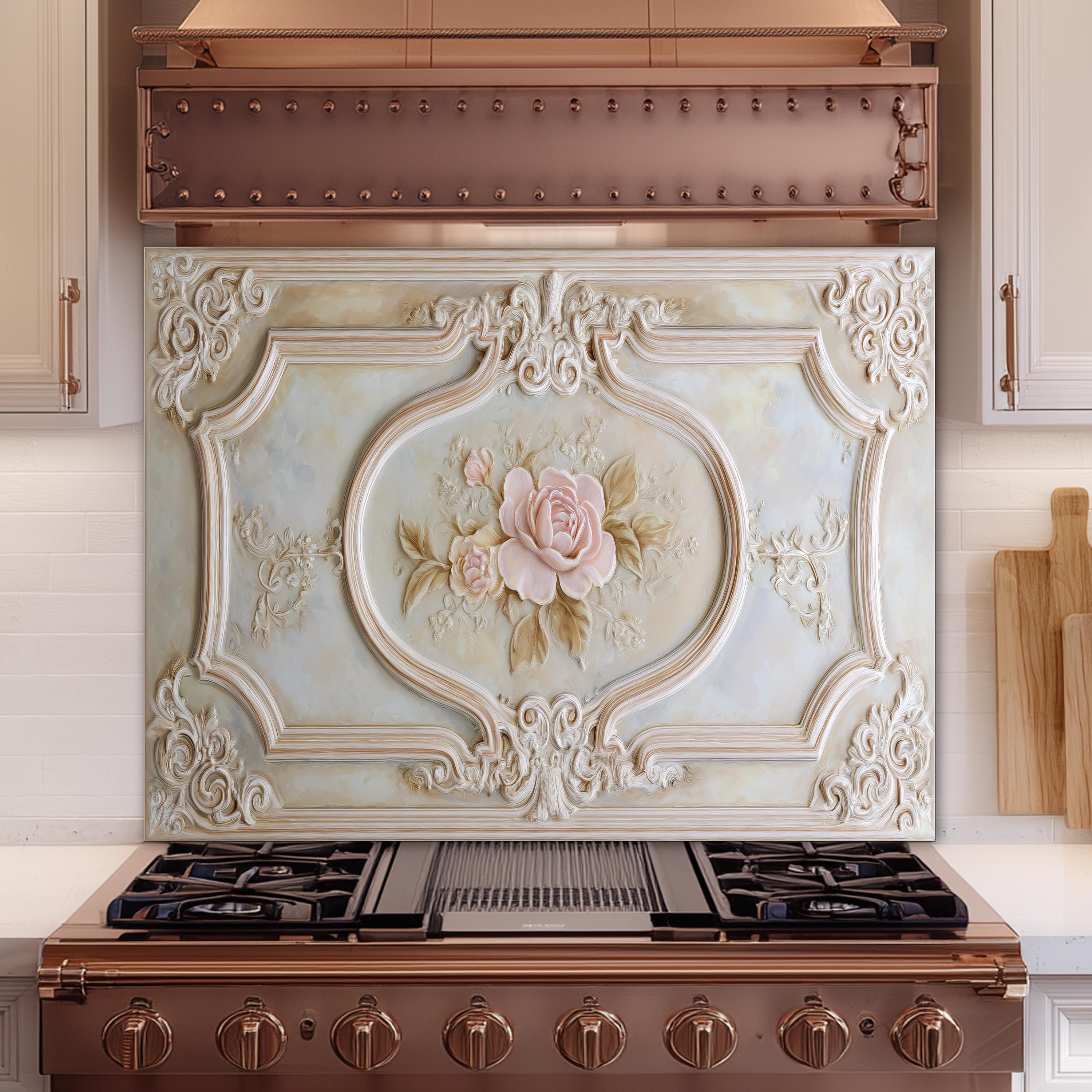 Luxury Baroque Rose Backsplash – Classic Beige Floral Tempered Glass ...