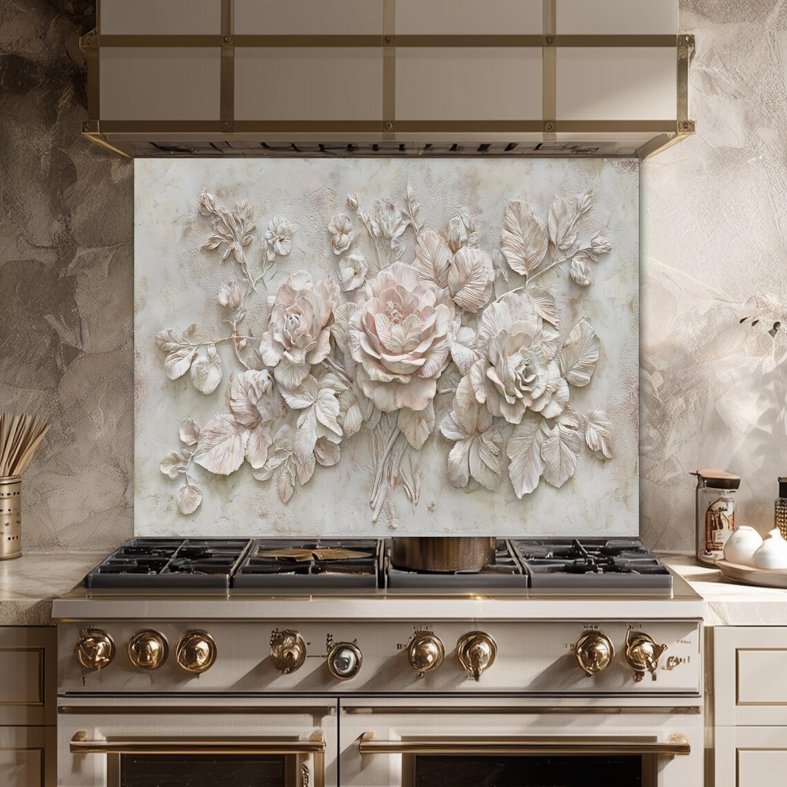 3D Floral Rose Backsplash – Beige Peony Relief Tempered Glass ...