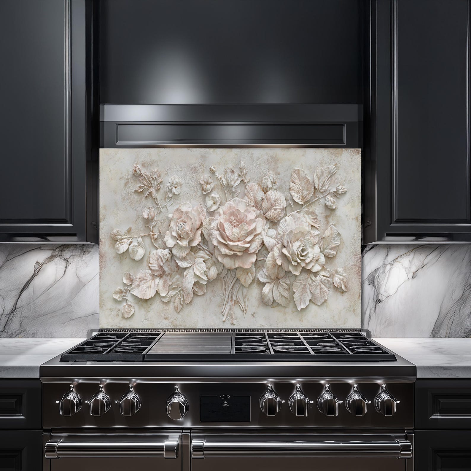 3D Floral Rose Backsplash – Beige Peony Relief Tempered Glass ...
