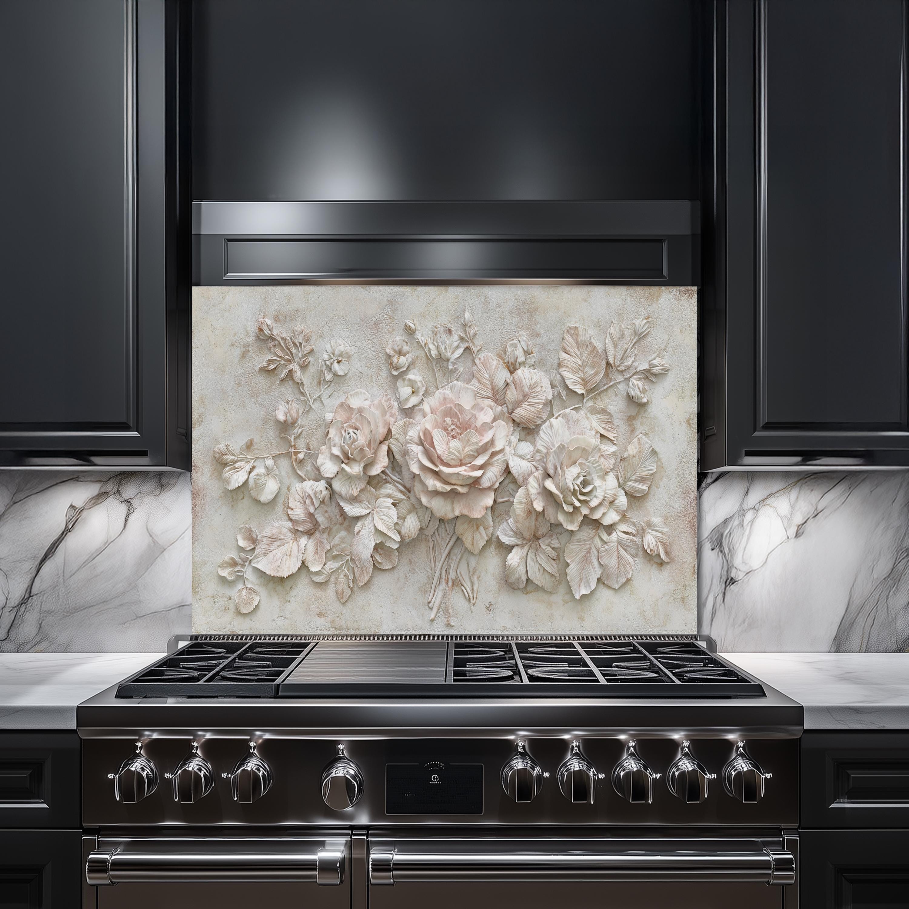 3D Floral Rose Backsplash – Beige Peony Relief Tempered Glass ...