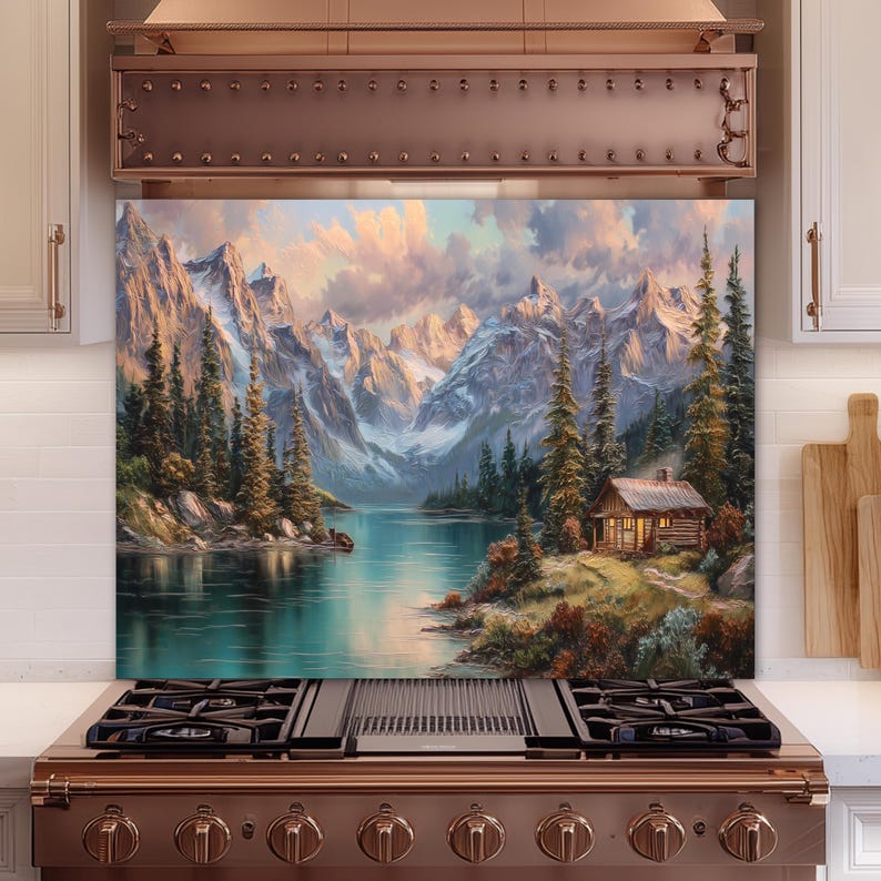 Mountain Cabin Backsplash – Lake & Pine Forest Glass Backsplash Panel ...