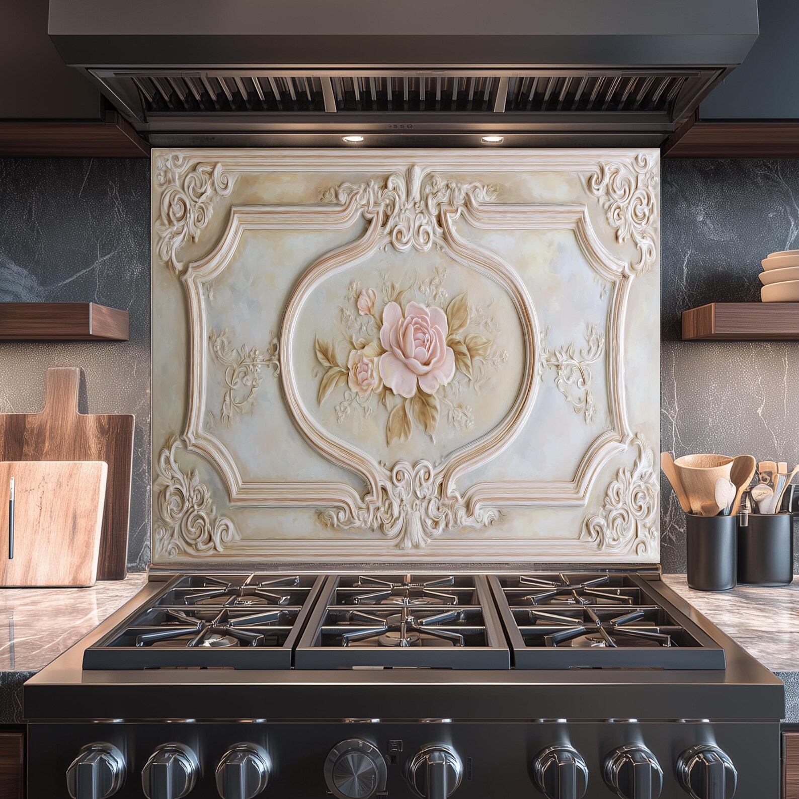 Luxury Baroque Rose Backsplash – Classic Beige Floral Tempered Glass ...