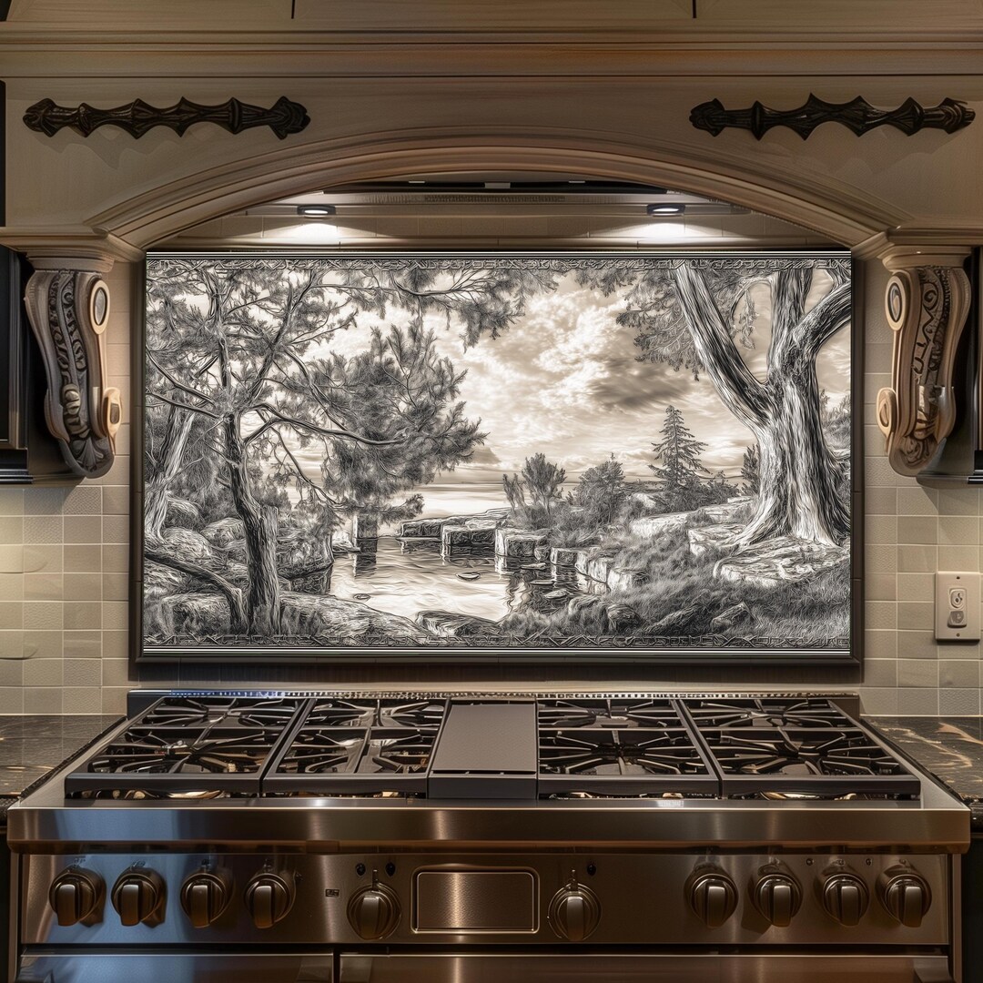Vintage Engraved Landscape Backsplash – Sepia Forest Lake Etching ...
