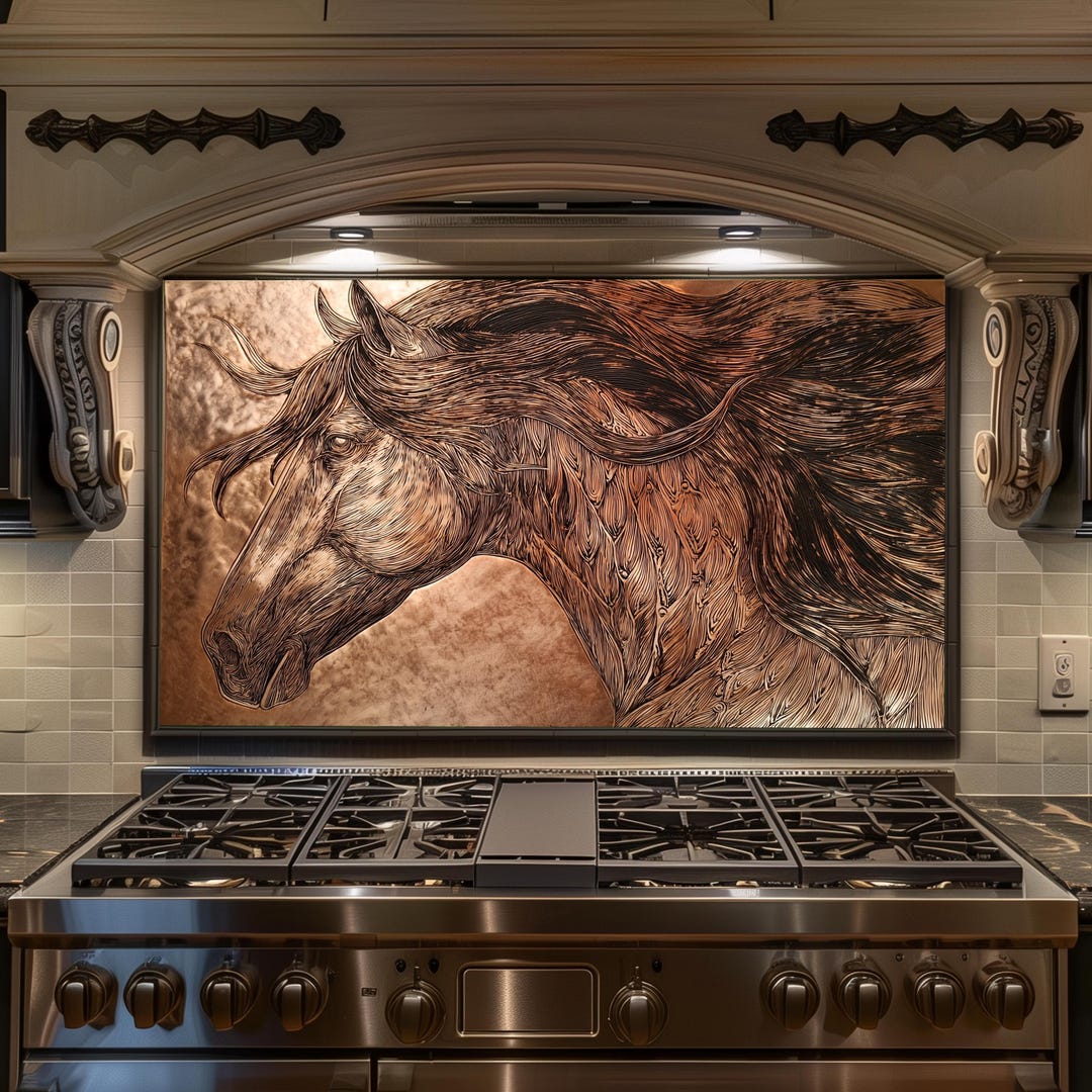 Engraved Copper Horse Tempered Glass Backsplash – Western Kitchen Decor ...