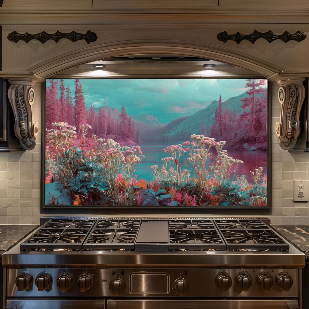 Vibrant Floral Lake Backsplash – Pink Teal Mountain Landscape Tempered ...