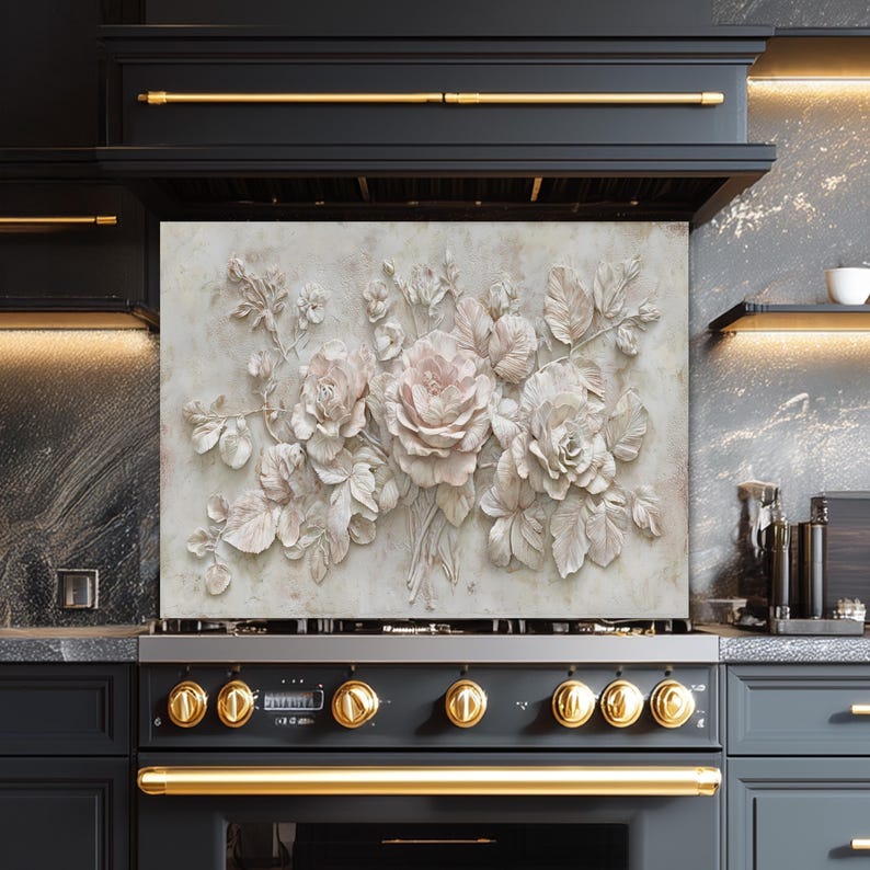 3D Floral Rose Backsplash – Beige Peony Relief Tempered Glass ...